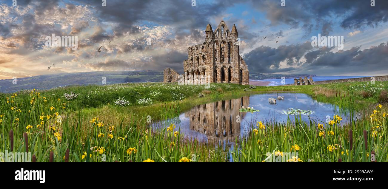 Picturesque gothic medieval ruins of Whitby Abbey, North Yorkshire ...