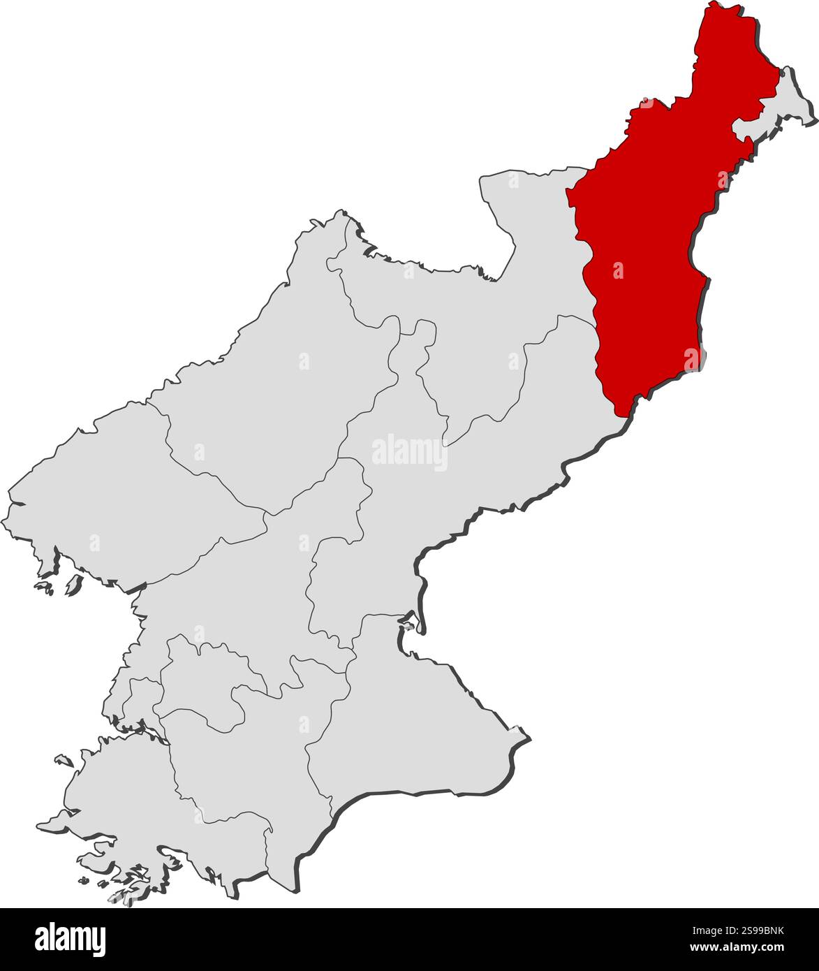 Map of North Korea with the provinces, North Hamgyong is highlighted ...