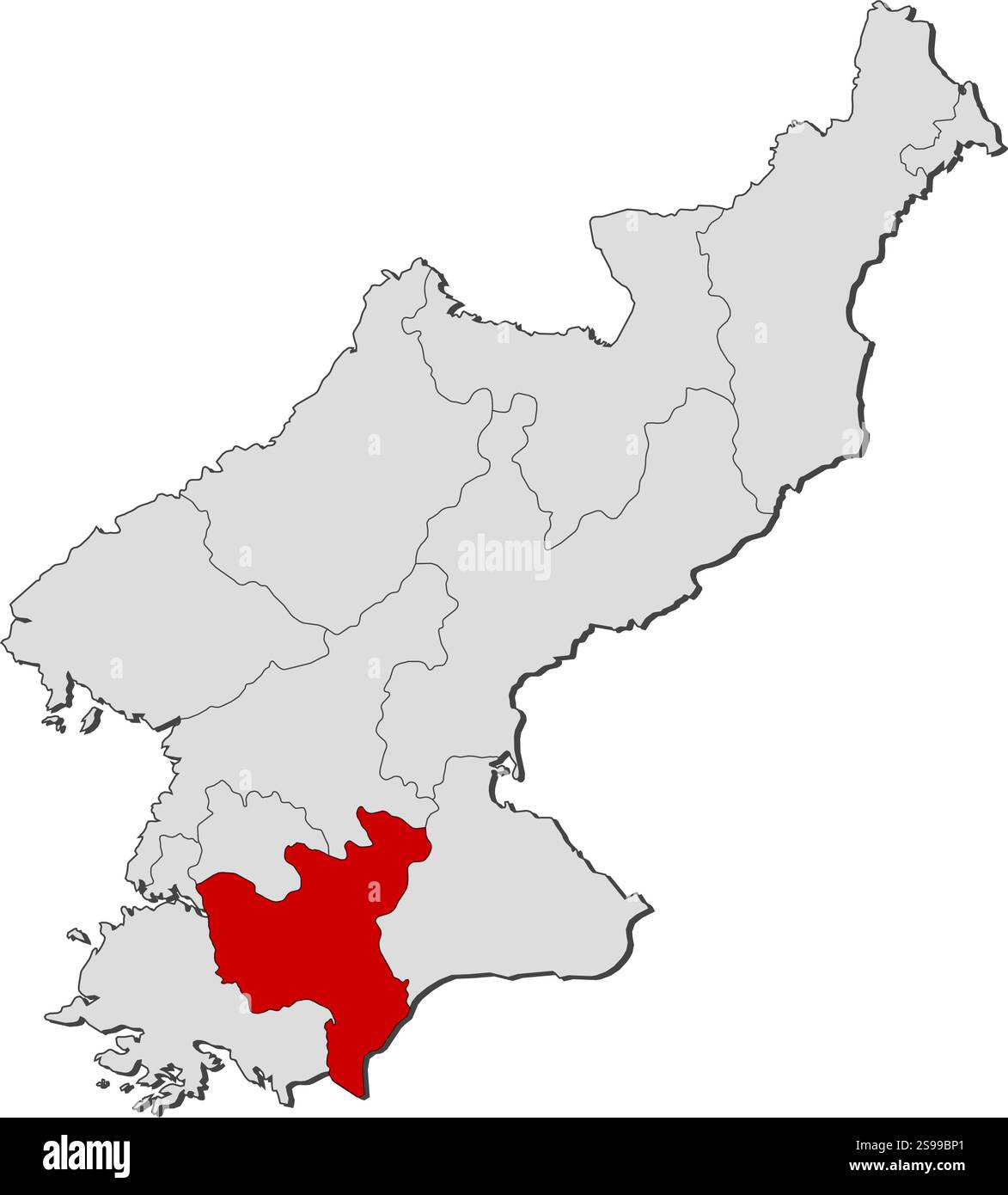 Map of North Korea with the provinces, North Hwanghae is highlighted ...