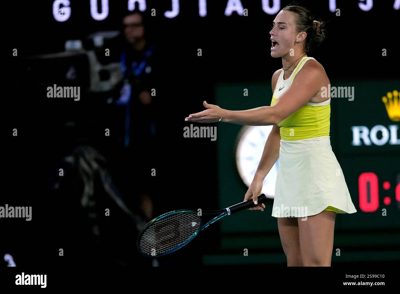 Aryna Sabalenka of Belarus reacts during the women's singles final ...
