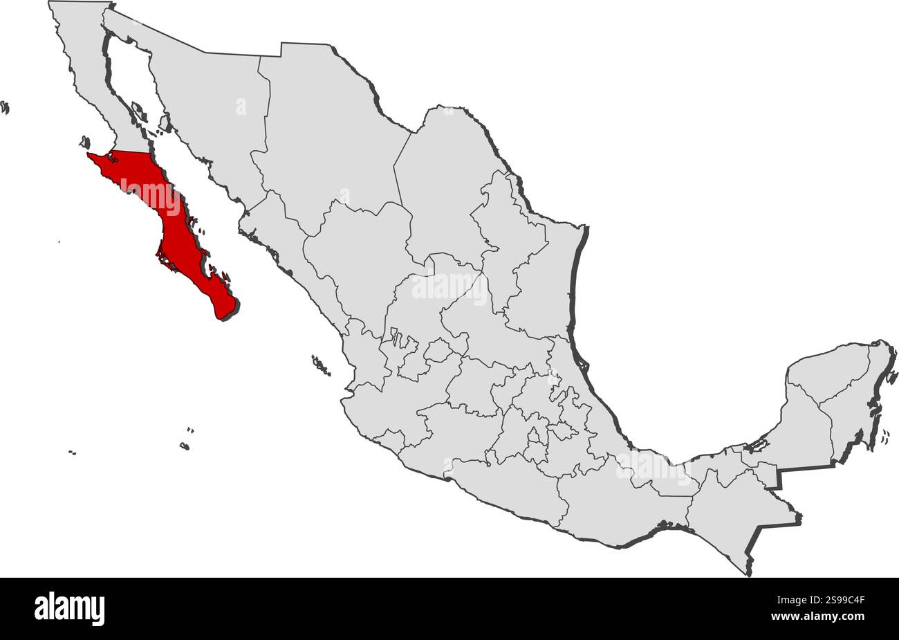 Map of Mexico with the provinces, Baja California Sur is highlighted ...