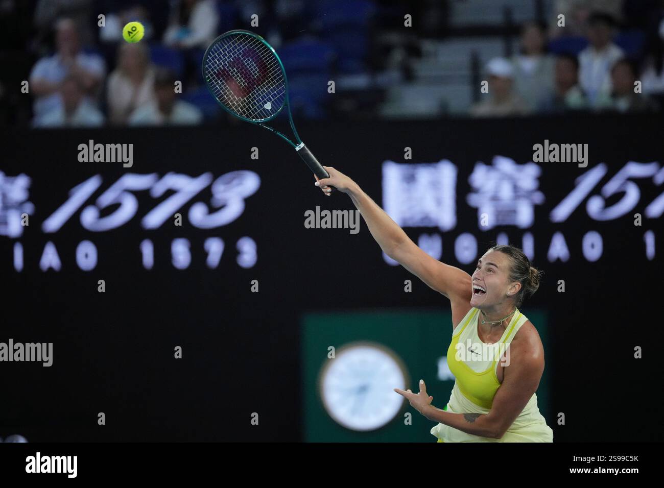 Aryna Sabalenka of Belarus serves to Madison Keys of the U.S. during ...