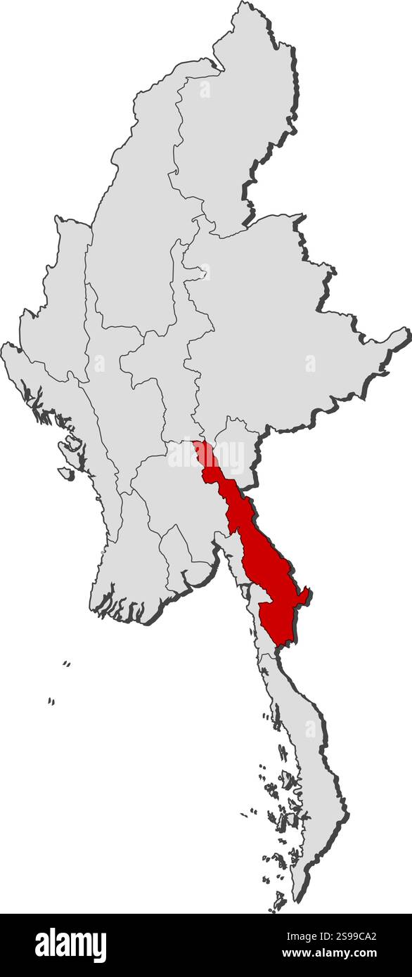 Map of Myanmar with the provinces, Kayin is highlighted Stock Vector ...