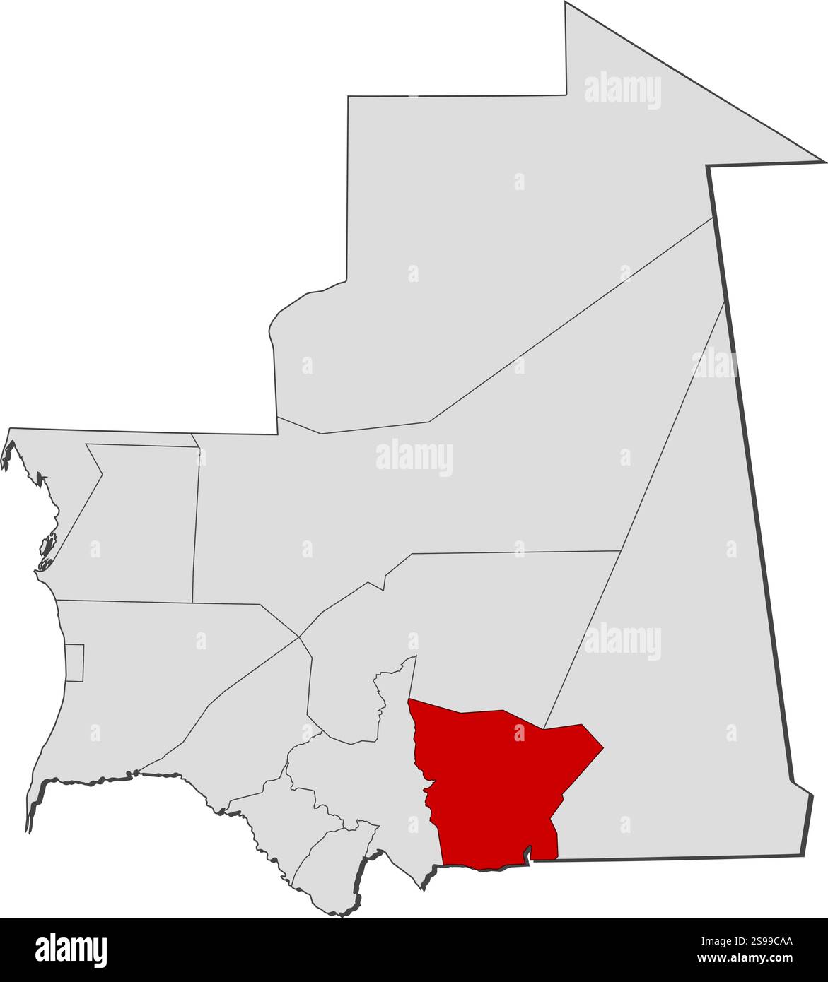 Map of Mauritania with the provinces, Hodh El Gharbi is highlighted ...