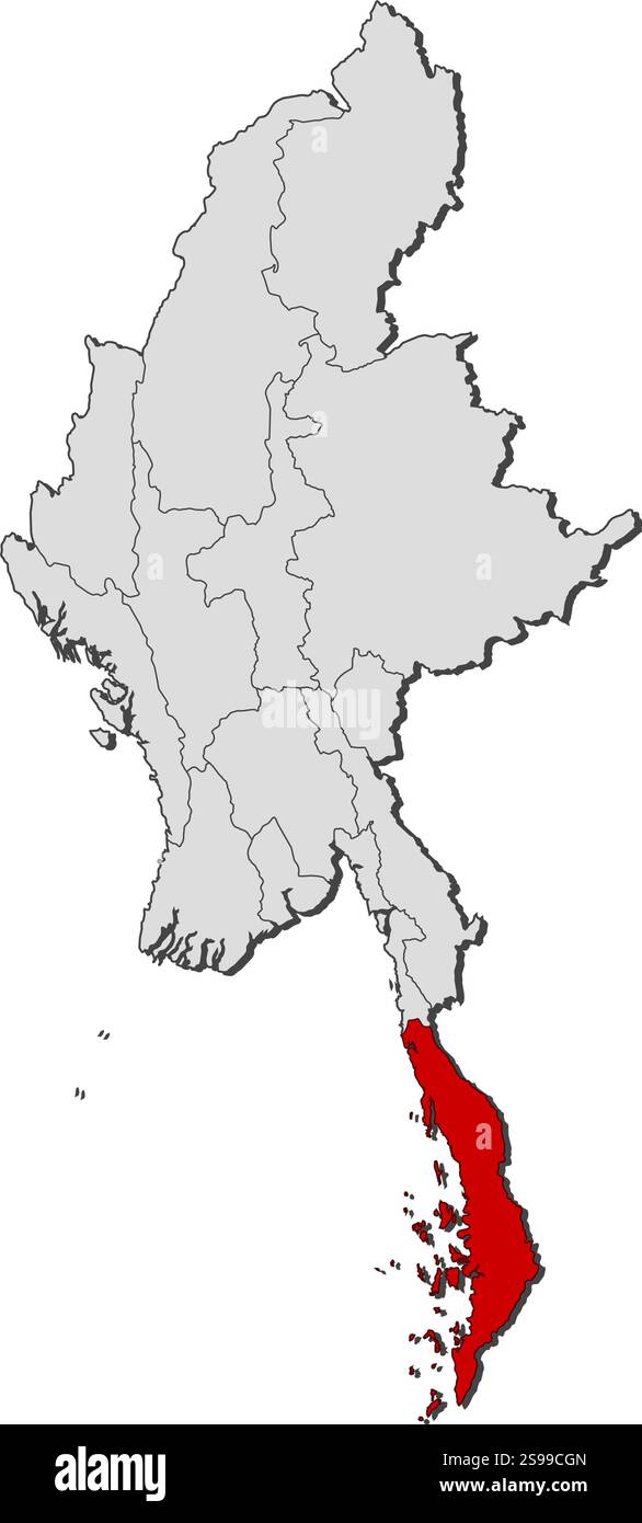 Map of Myanmar with the provinces, Tanintharyi is highlighted Stock ...