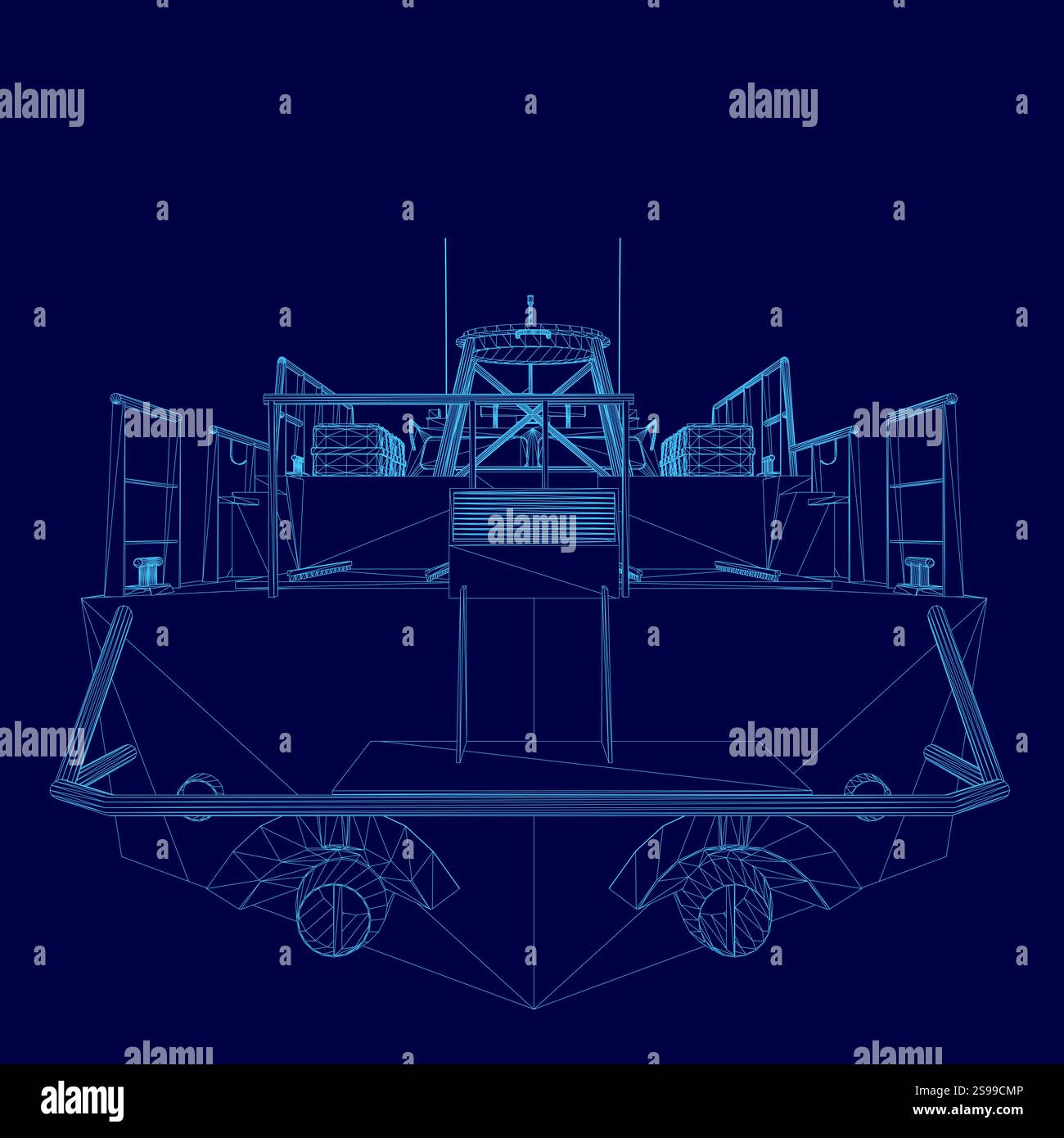 Blue drawing of a boat wireframe. The boat is shown in a 3D perspective ...