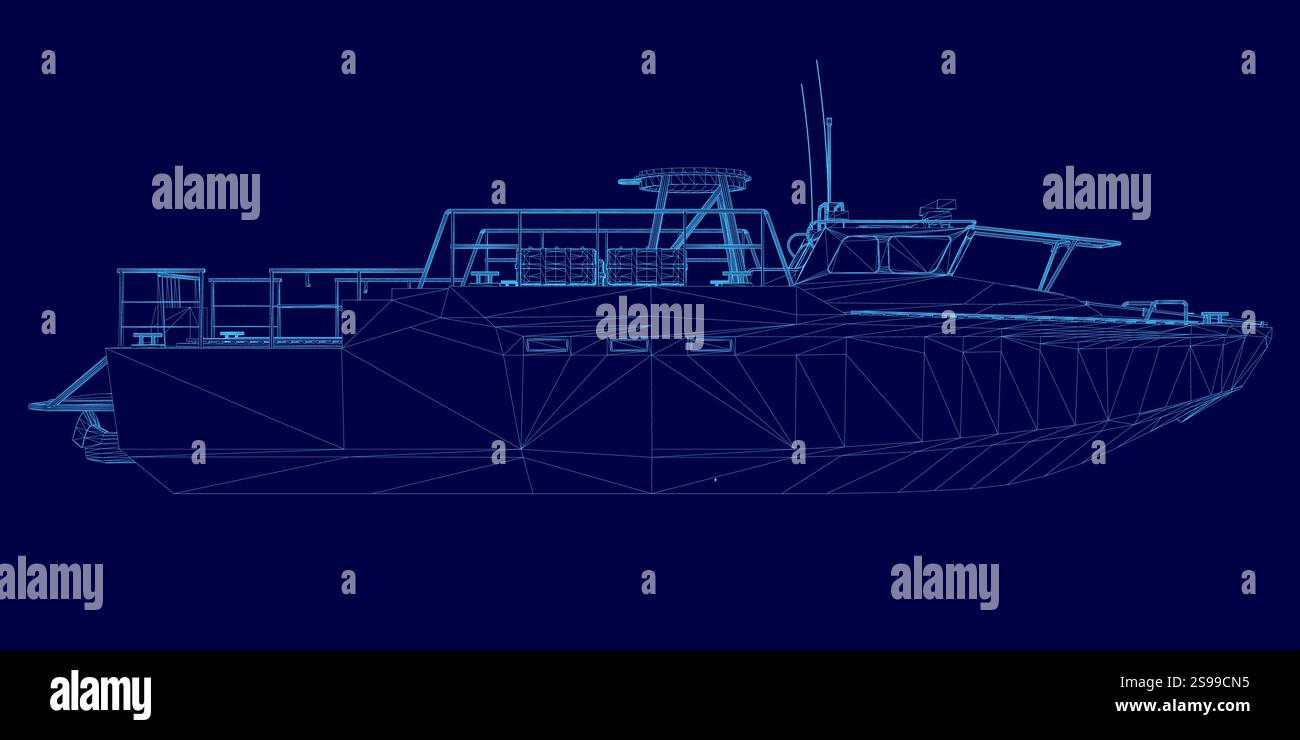 Blue drawing of a boat with a tip. The boat is shown in a very detailed ...