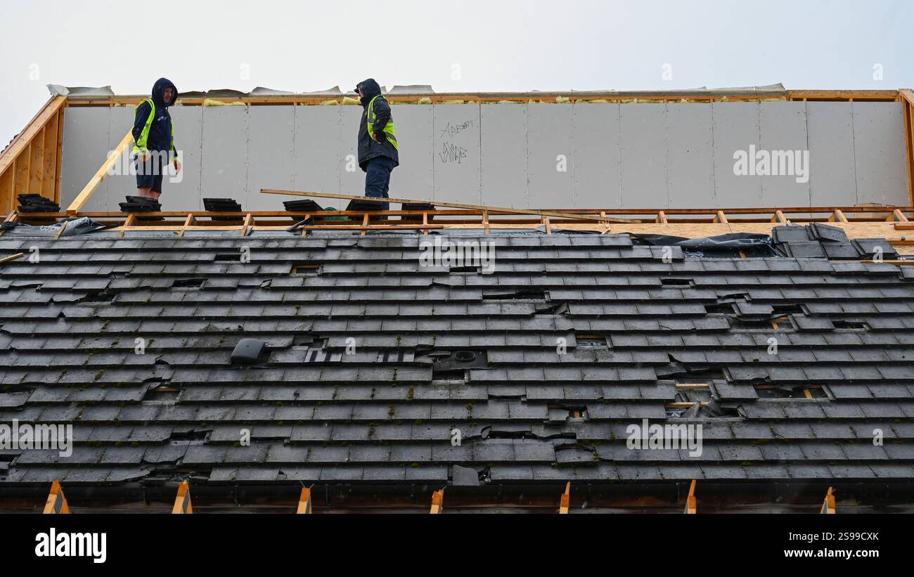 Tranent, Scotland, 01.25.2025 Builders start repairing a house with the ...