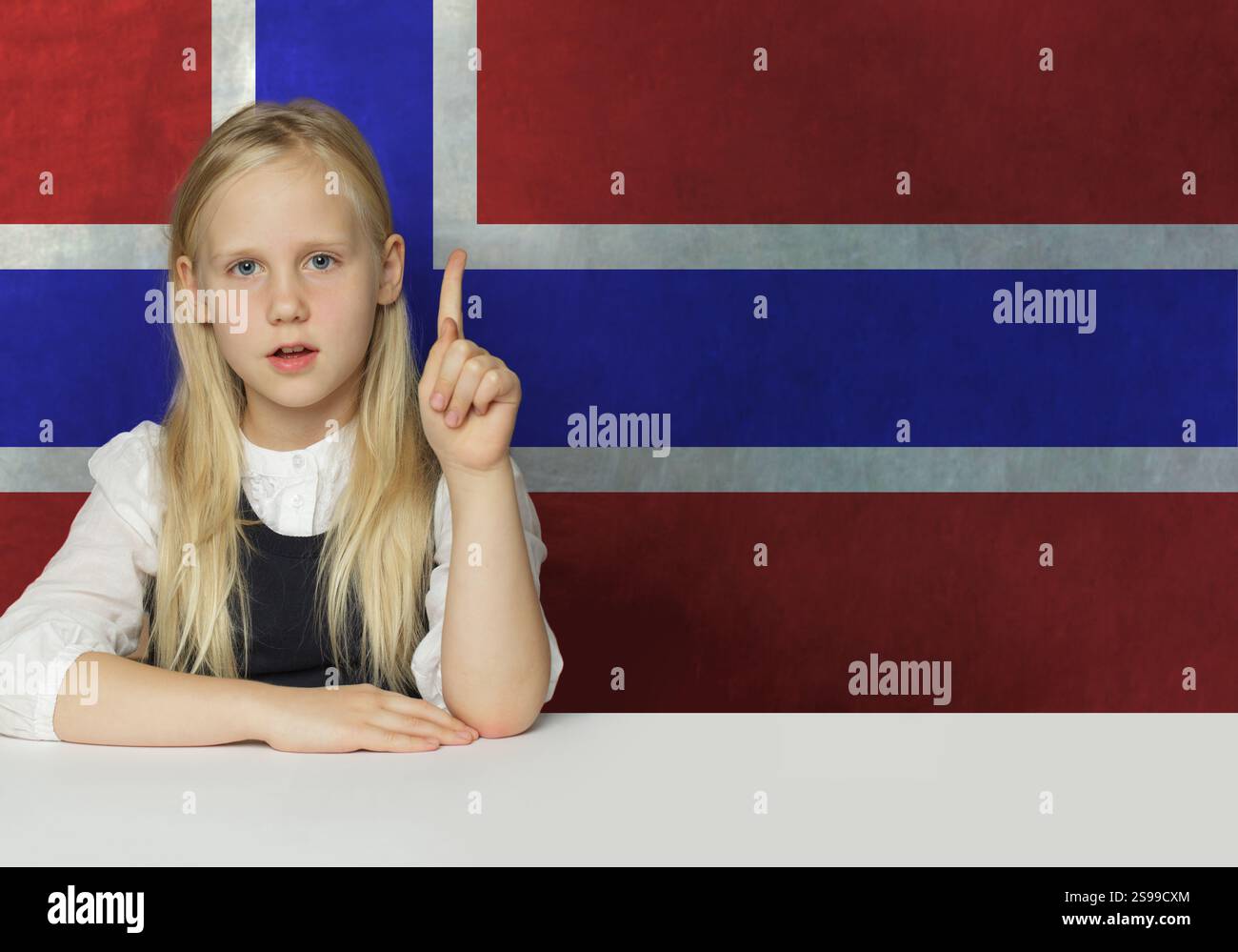 Blonde child girl on Norwegian flag background. Education and study ...