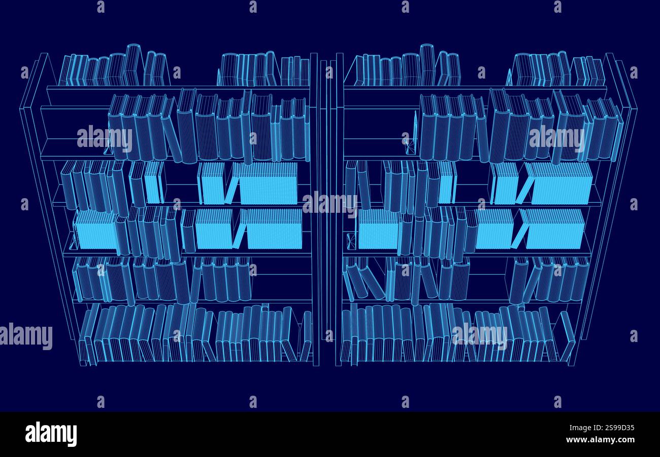Outline of shelves with many books. Front view. Vector illustration ...