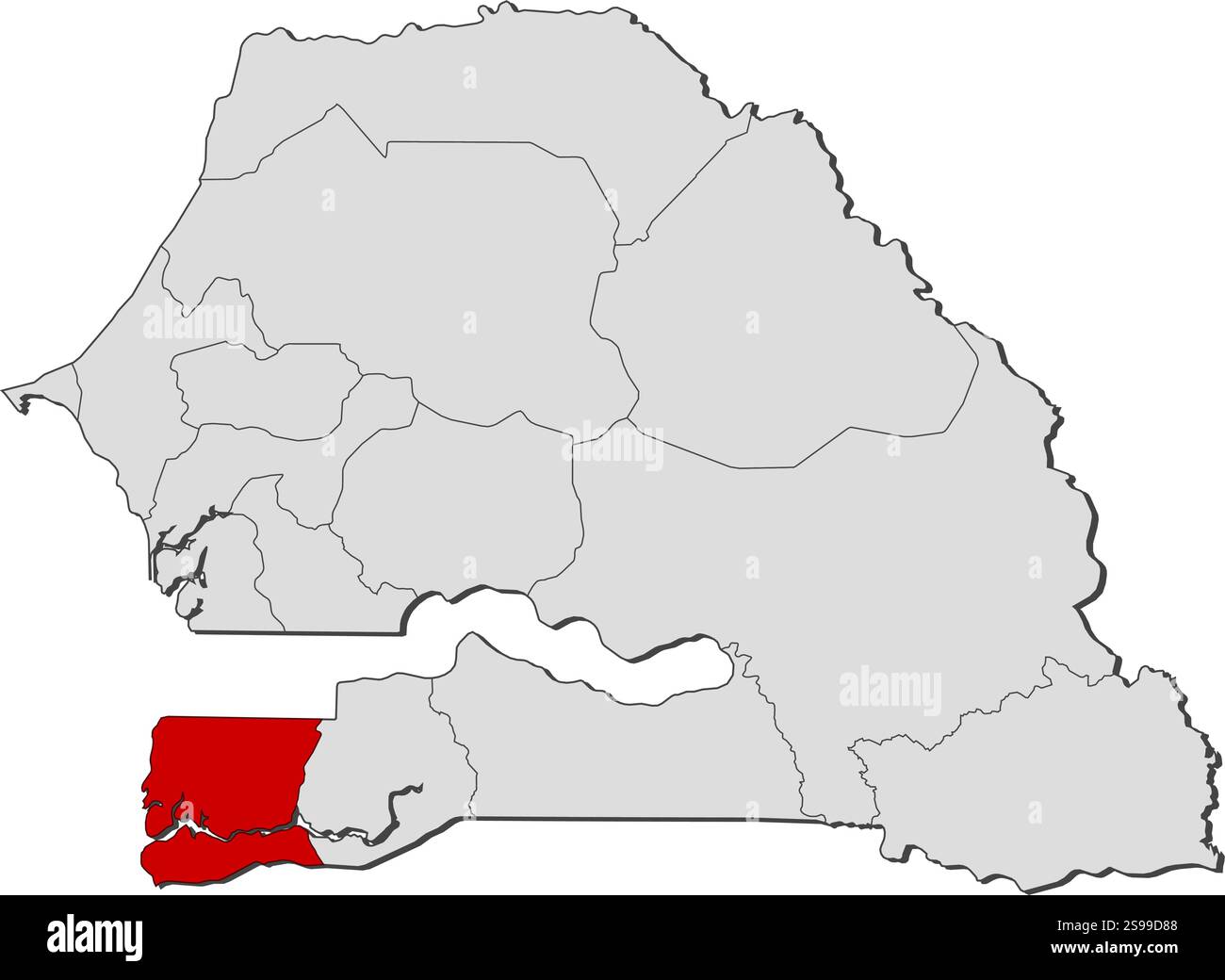 Map of Senegal with the provinces, Ziguinchor is highlighted Stock ...