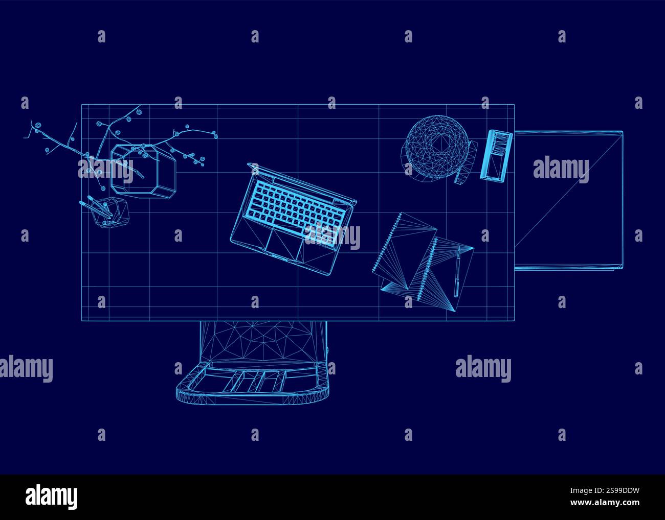 Blue computer desk with a laptop, keyboard, mouse, and a cell phone ...