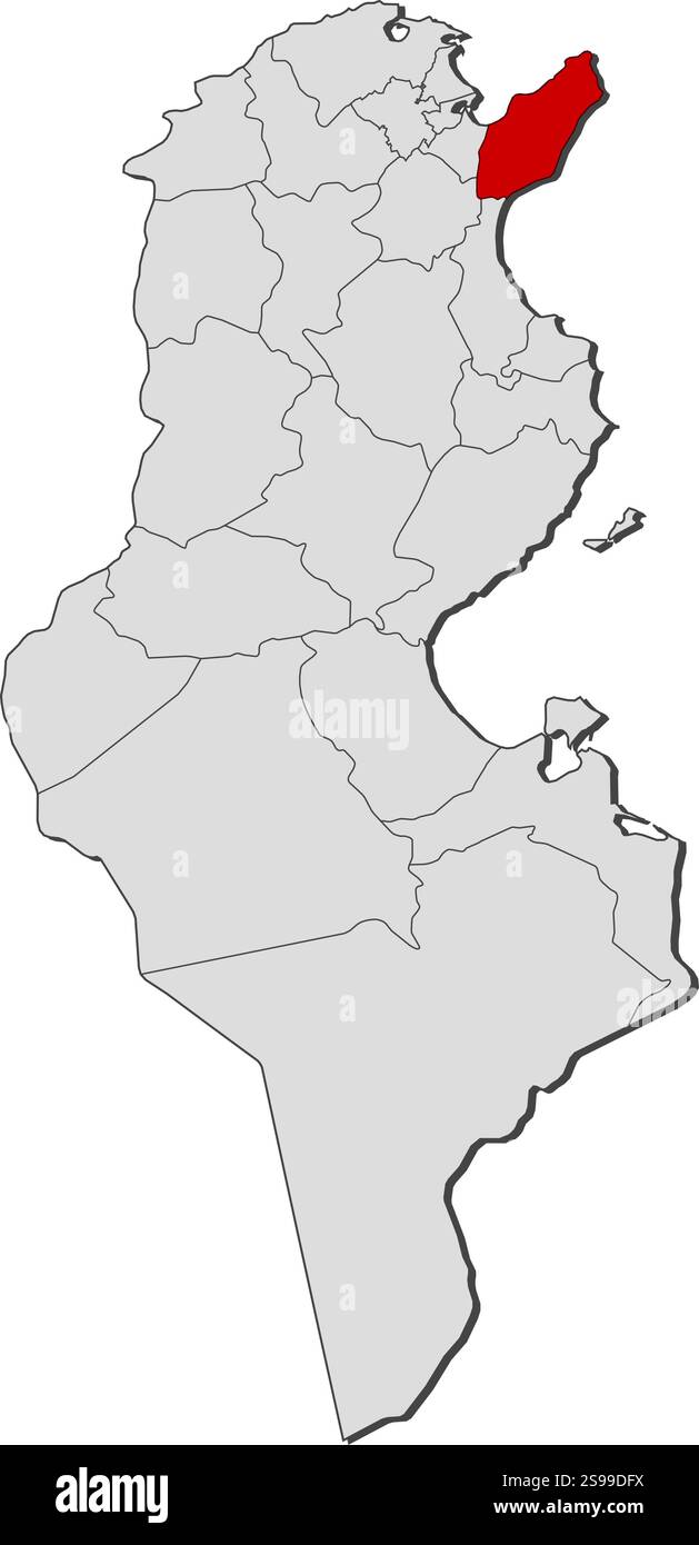 Map of Tunisia with the provinces, Nabeul is highlighted Stock Vector ...