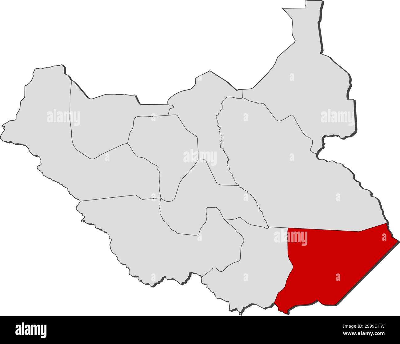 Map of South Sudan with the provinces, Eastern Equatoria is highlighted ...