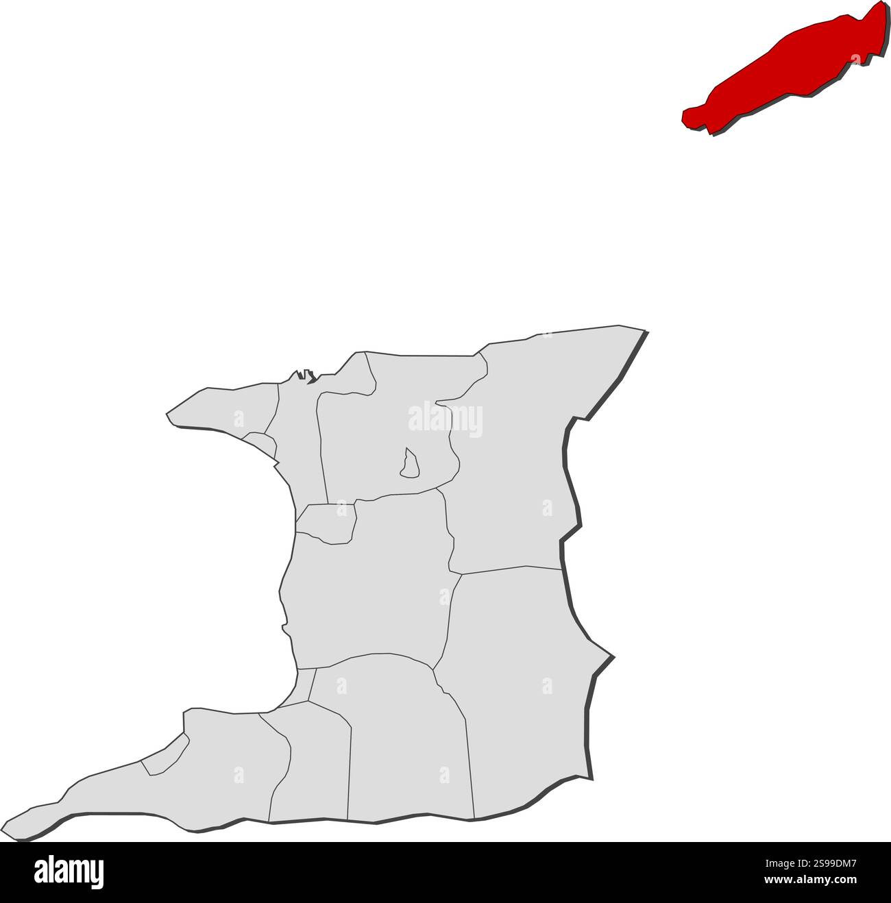Map of Trinidad and Tobago with the provinces, Tobago is highlighted ...