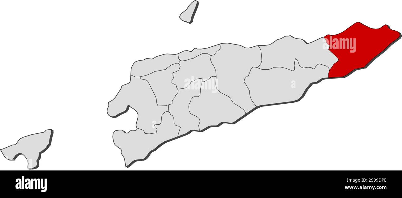 Map of East Timor with the provinces, Lautem is highlighted Stock ...