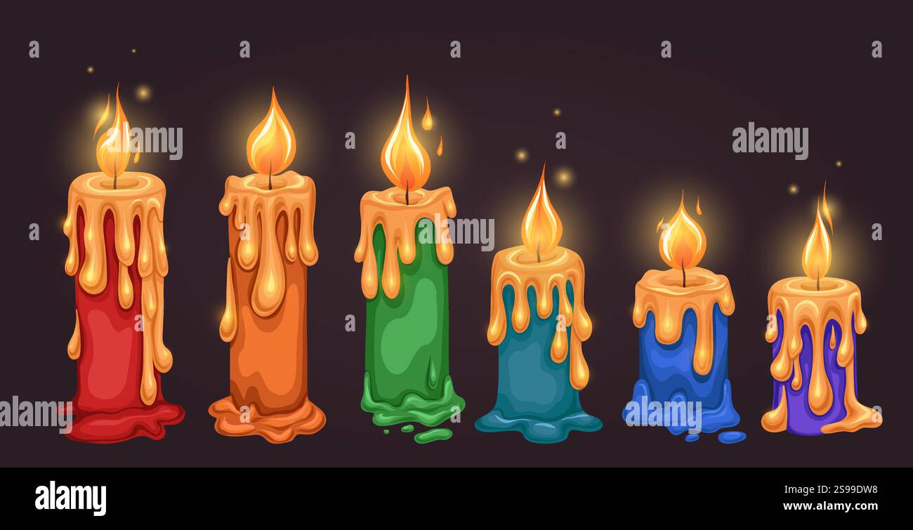 Vector set of rainbow burning candles on a dark background. Collection ...