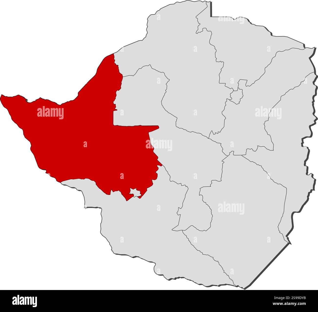 Map of Zimbabwe with the provinces, Matabeleland North is highlighted ...