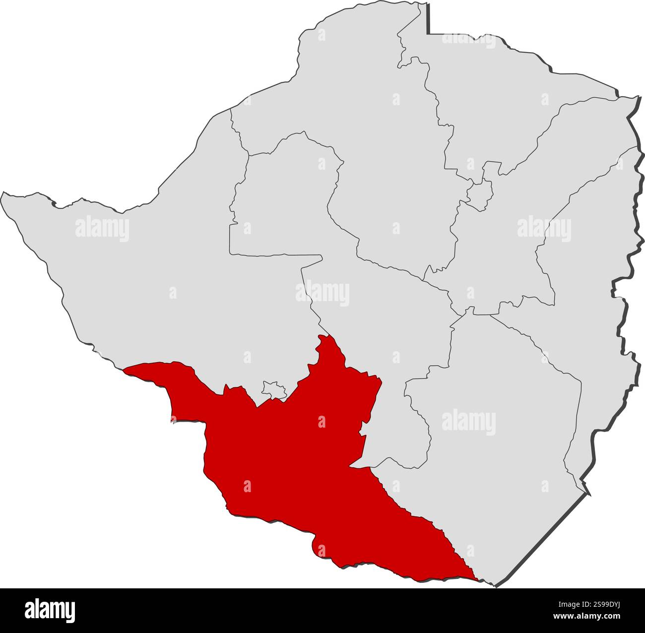 Map of Zimbabwe with the provinces, Matabeleland South is highlighted ...