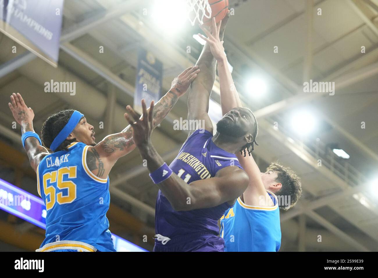 Washington Huskies center Franck Kepnang (11) takes a shot against UCLA ...