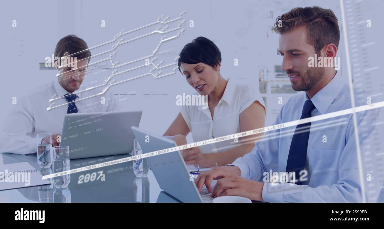 Business people working on laptops with data charts and graphs over ...