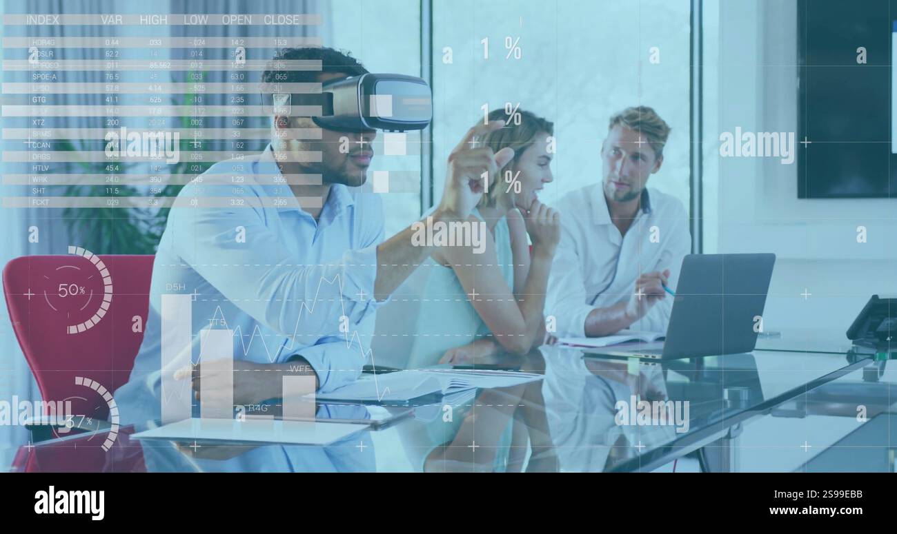 Virtual reality data analysis image over business meeting in modern ...
