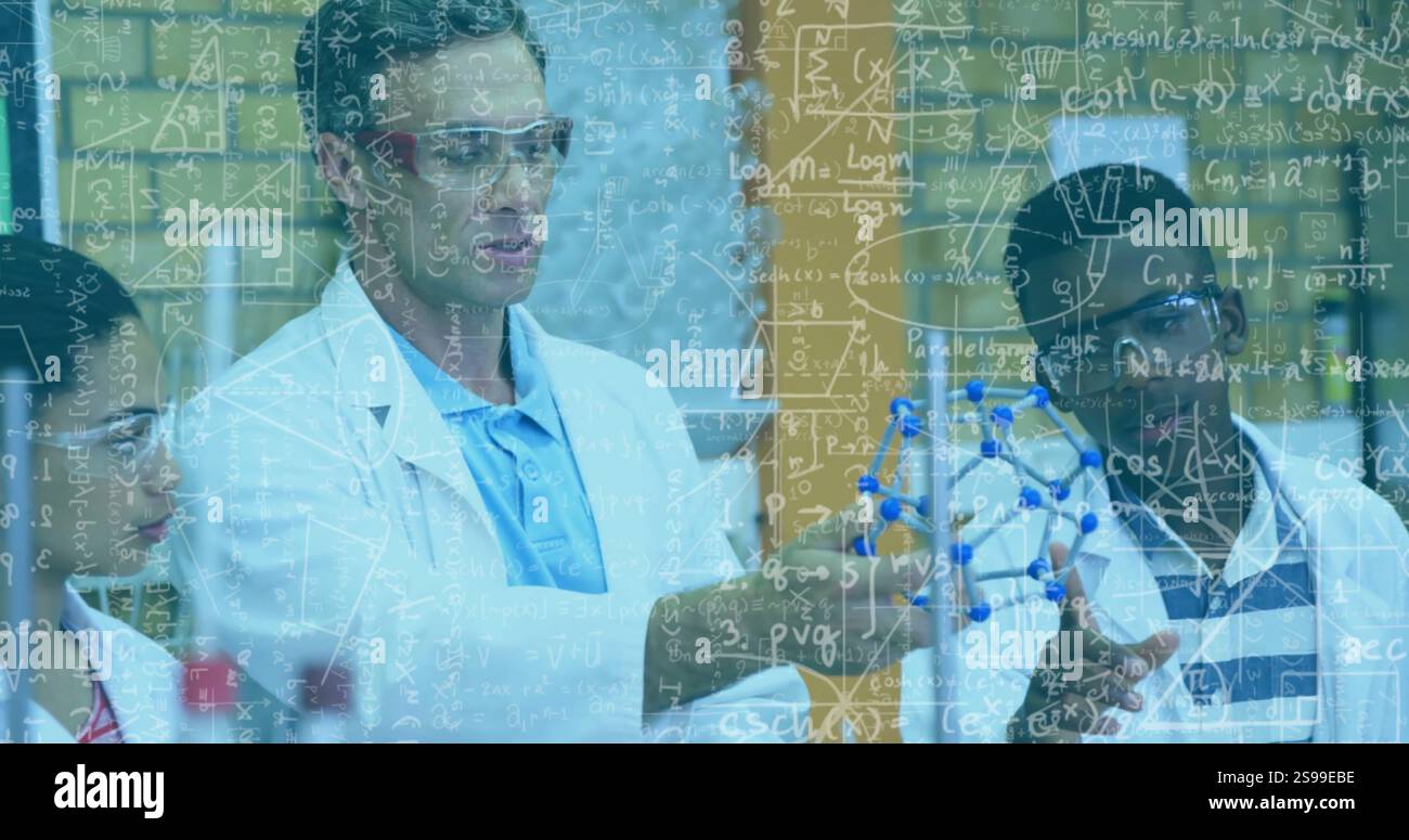 Scientists examining molecular model, mathematical equations image over laboratory scene Stock ...