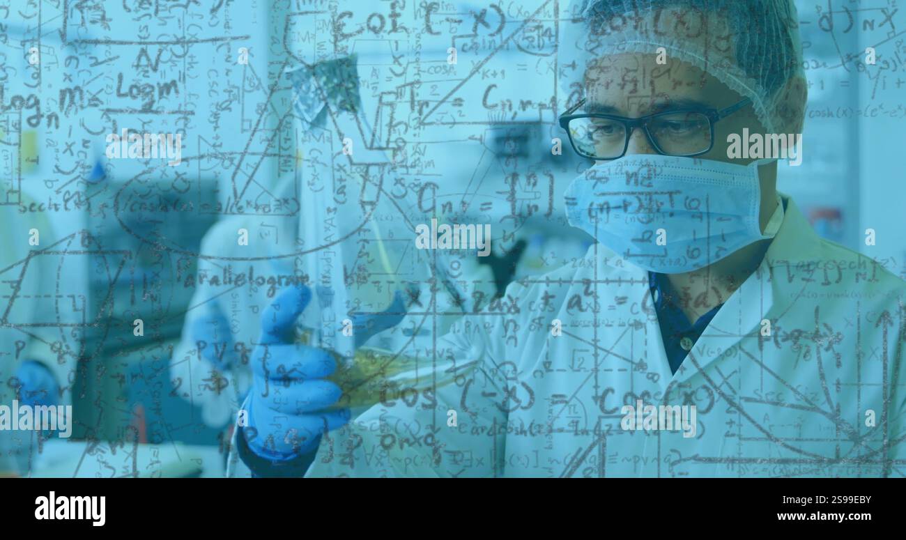 Scientific formulas and equations image over scientists conducting ...