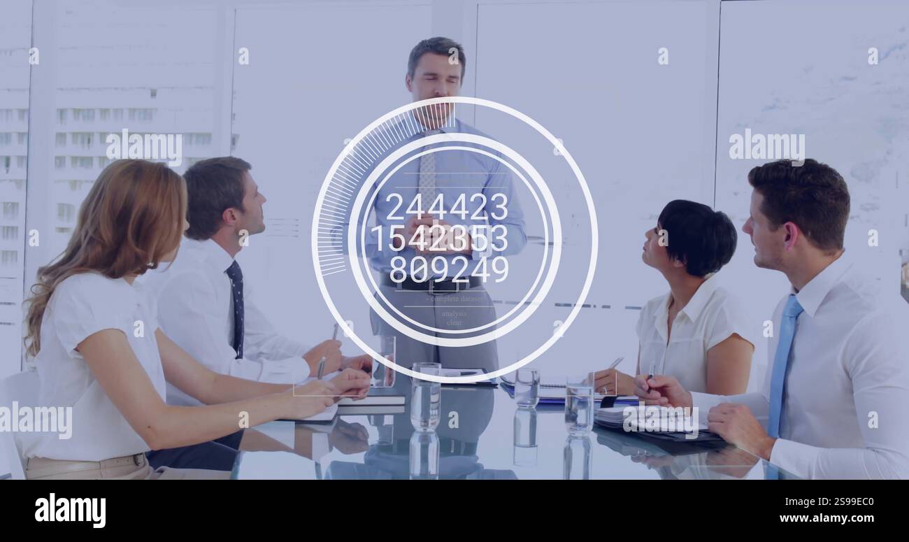 Business meeting with data processing image over diverse professionals ...