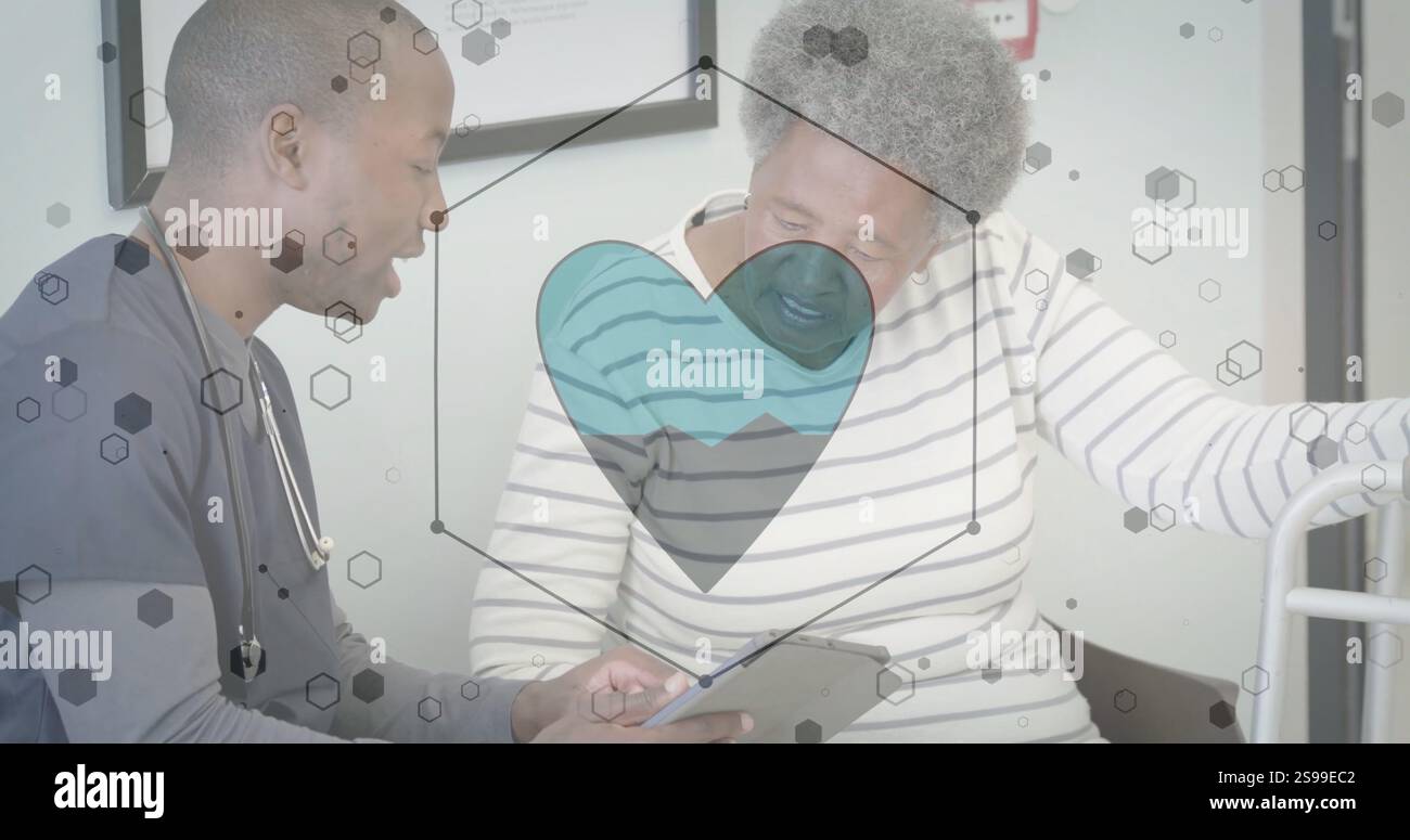 Heart health image over doctor and elderly patient discussing medical ...
