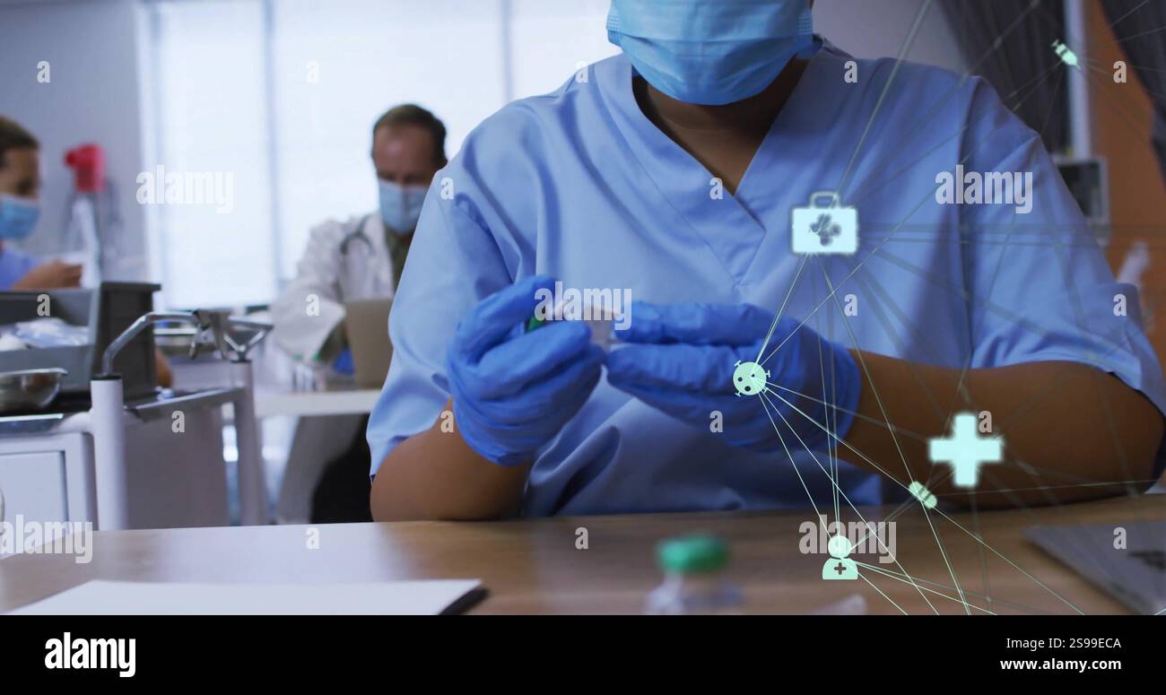 Healthcare network image over medical professionals working in clinic ...