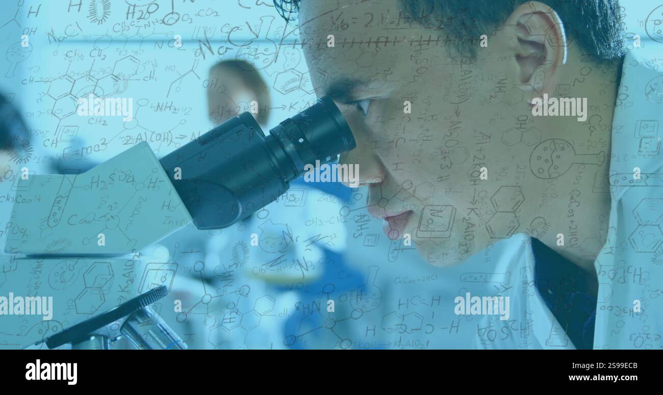 Scientist using microscope with chemical formulas image over laboratory background Stock Photo ...