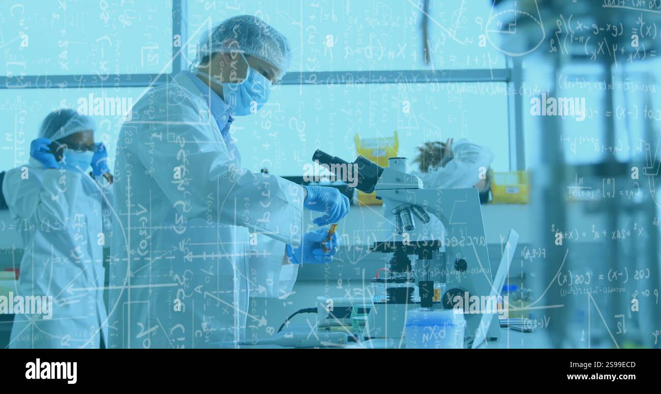 Scientists working with microscopes, mathematical equations image over laboratory scene. Science ...