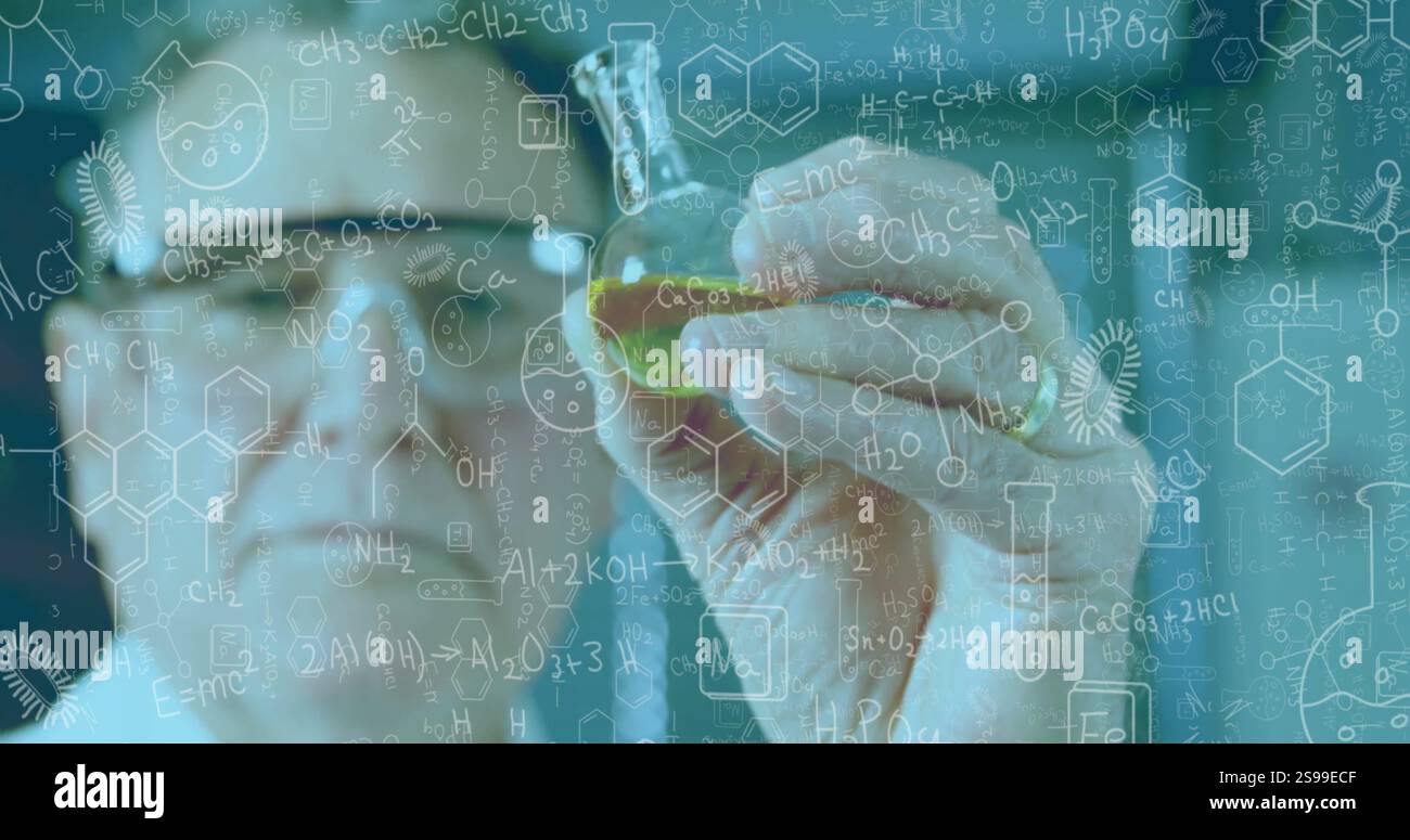 Holding test tube, scientist with chemical formulas image over ...