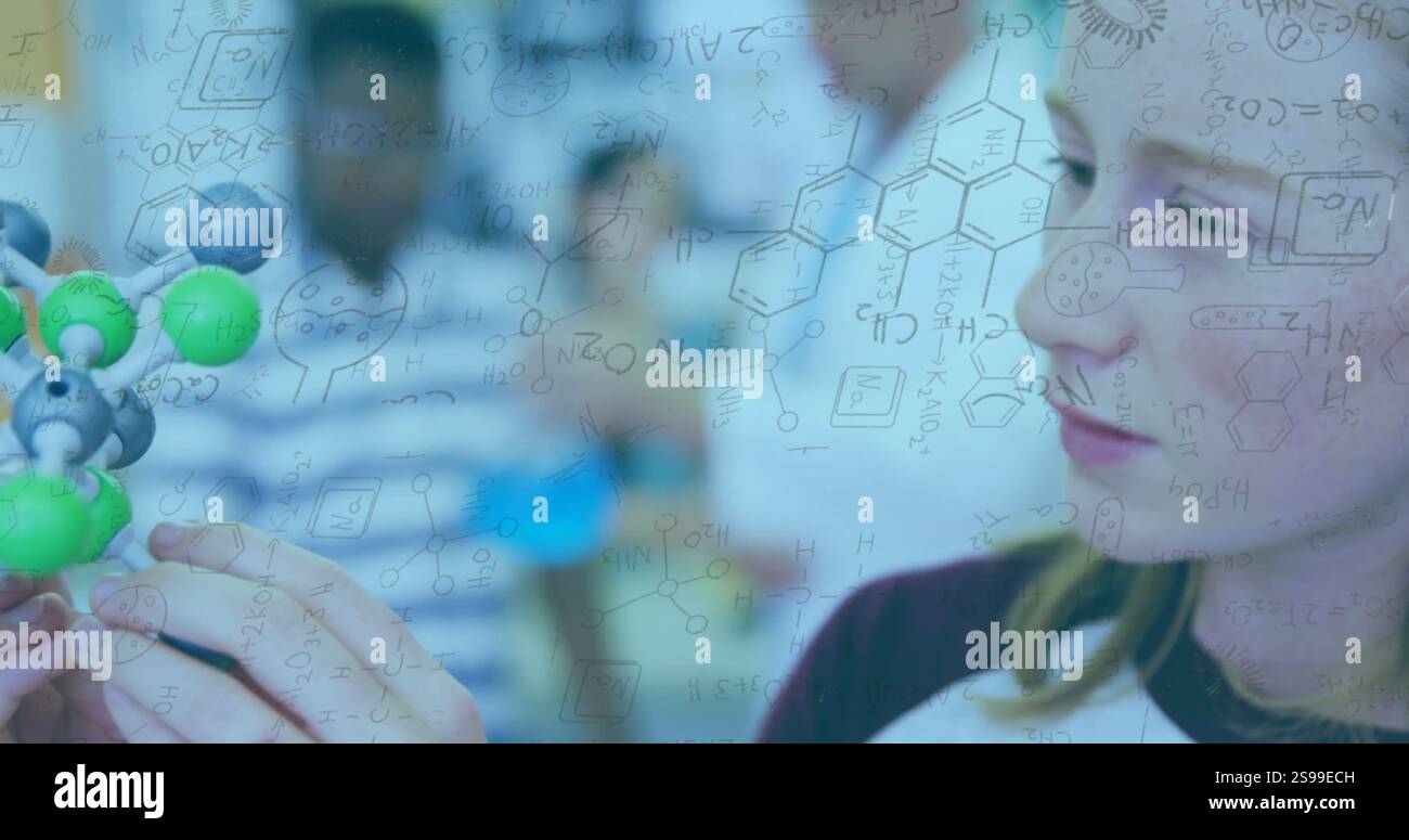 Chemical formulas and molecular structure image over scientists working ...