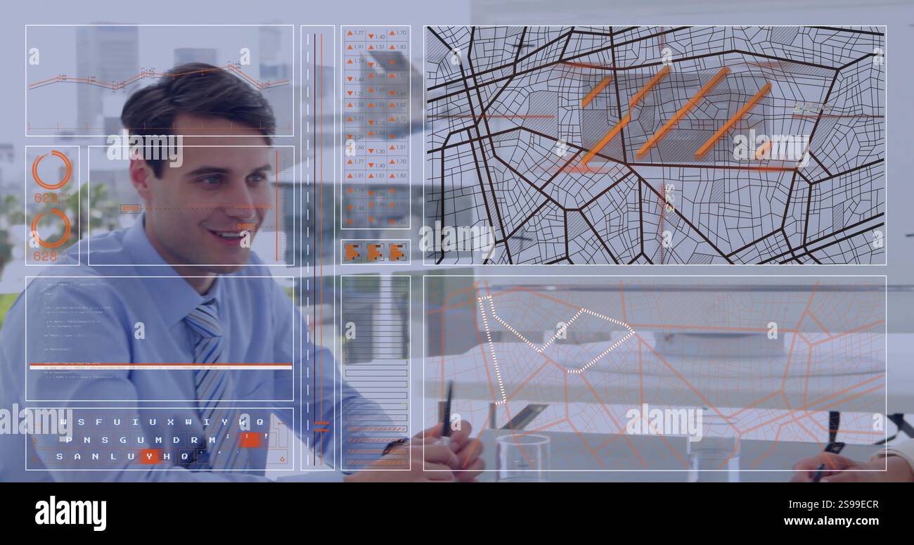 Analyzing city map data, futuristic interface image over people in ...