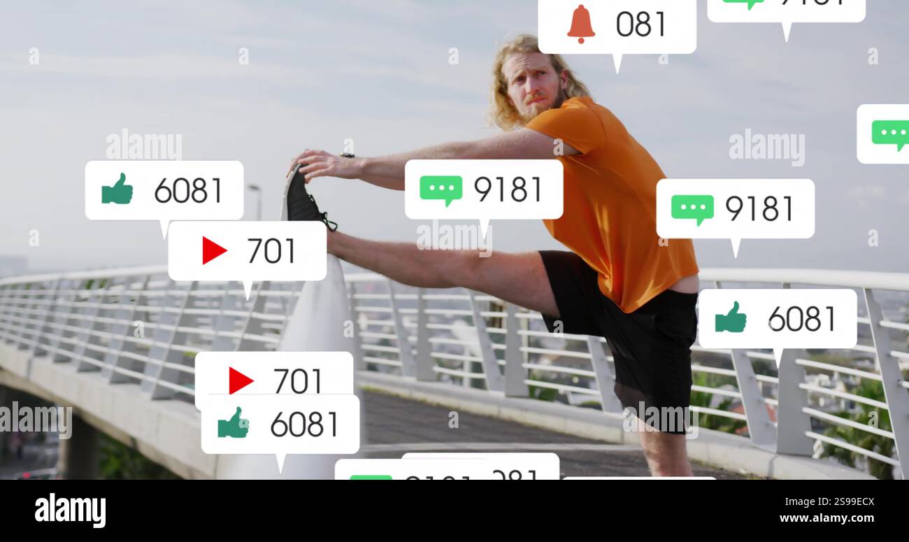 Stretching leg on railing, man surrounded by social media notifications ...