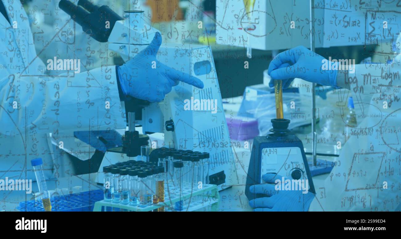 Mathematical equations image over scientists working with lab equipment ...