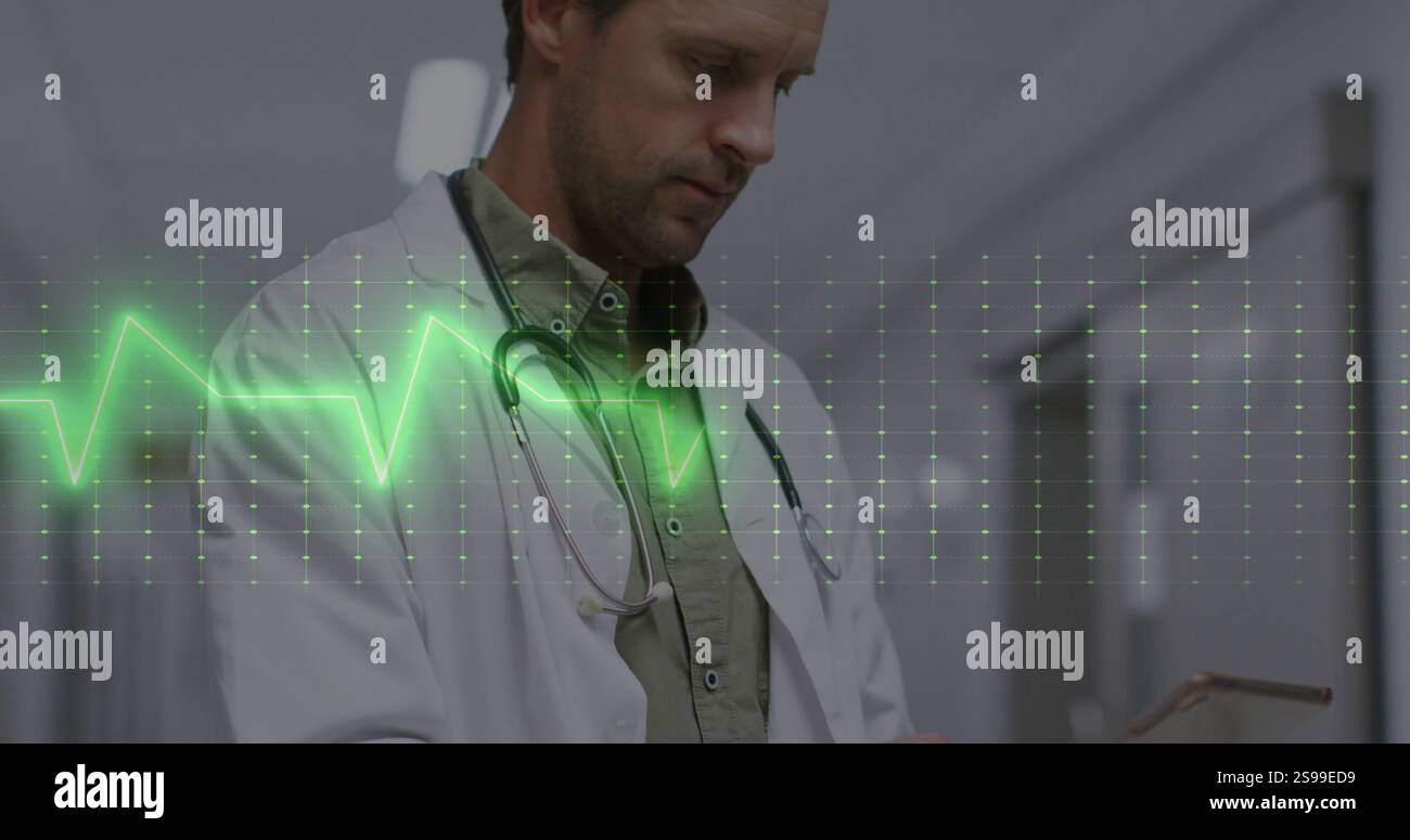 Doctor examining patient records, green heartbeat image over medical ...