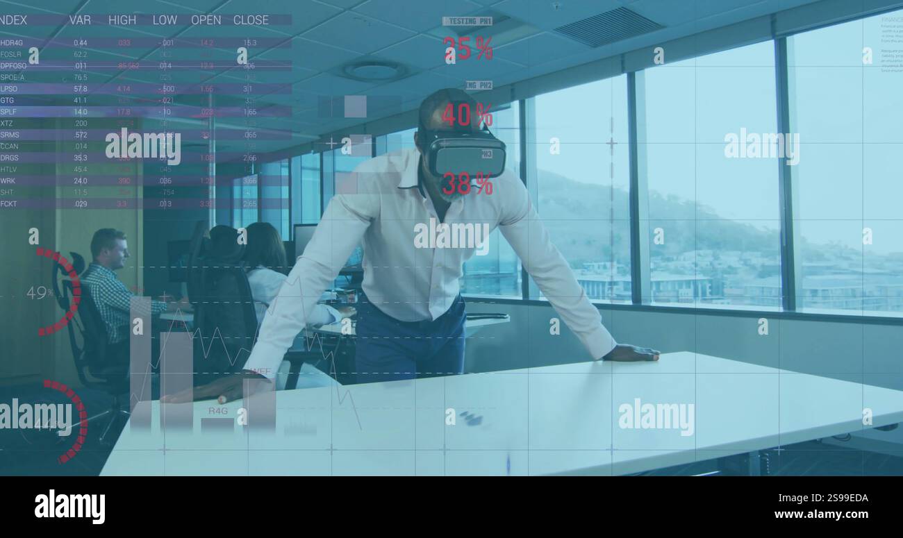 Virtual reality data analysis image over business people in modern ...