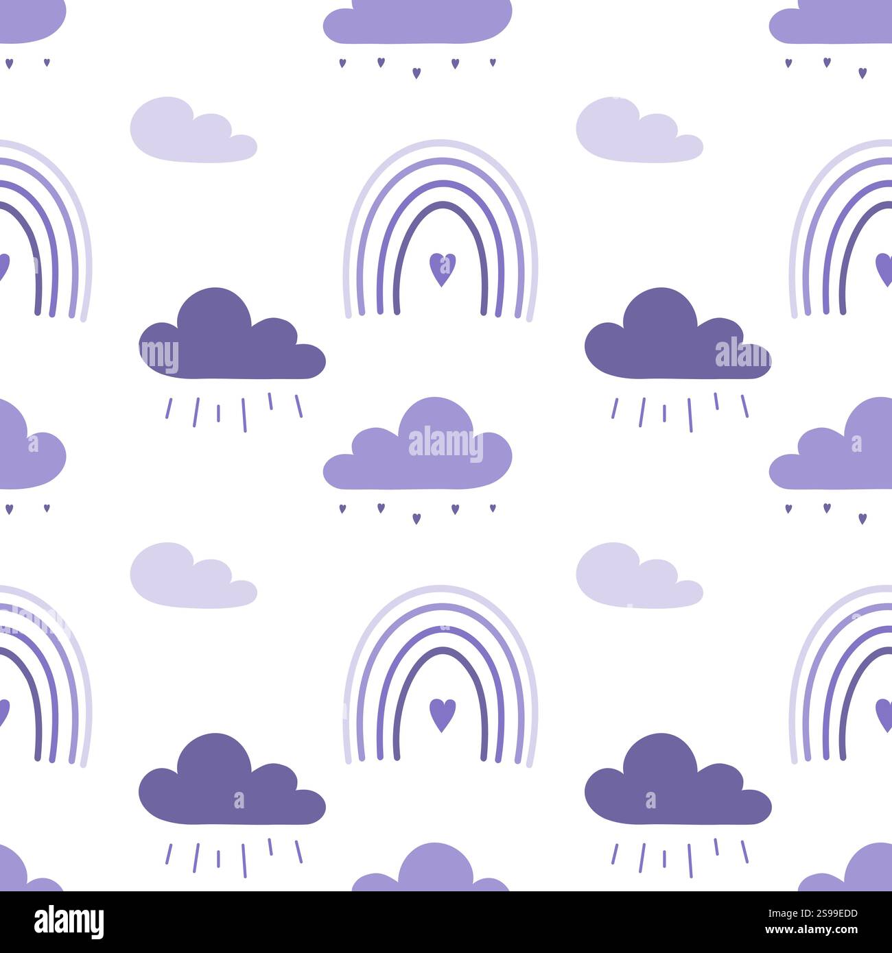 Pattern with overcast cloudy weather, sad purple clouds with raindrops ...