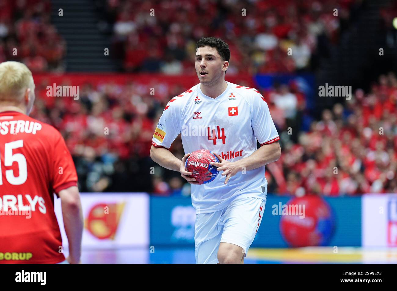 Mehdi Ben Romdhane (Schweiz, #44) DEN, Daenemark vs. Schweiz, Handball, IHF Weltmeisterschaft ...