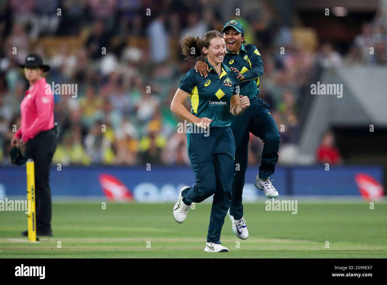 Darcie Brown of Australia celebrates a wicket with team mate Alana King ...