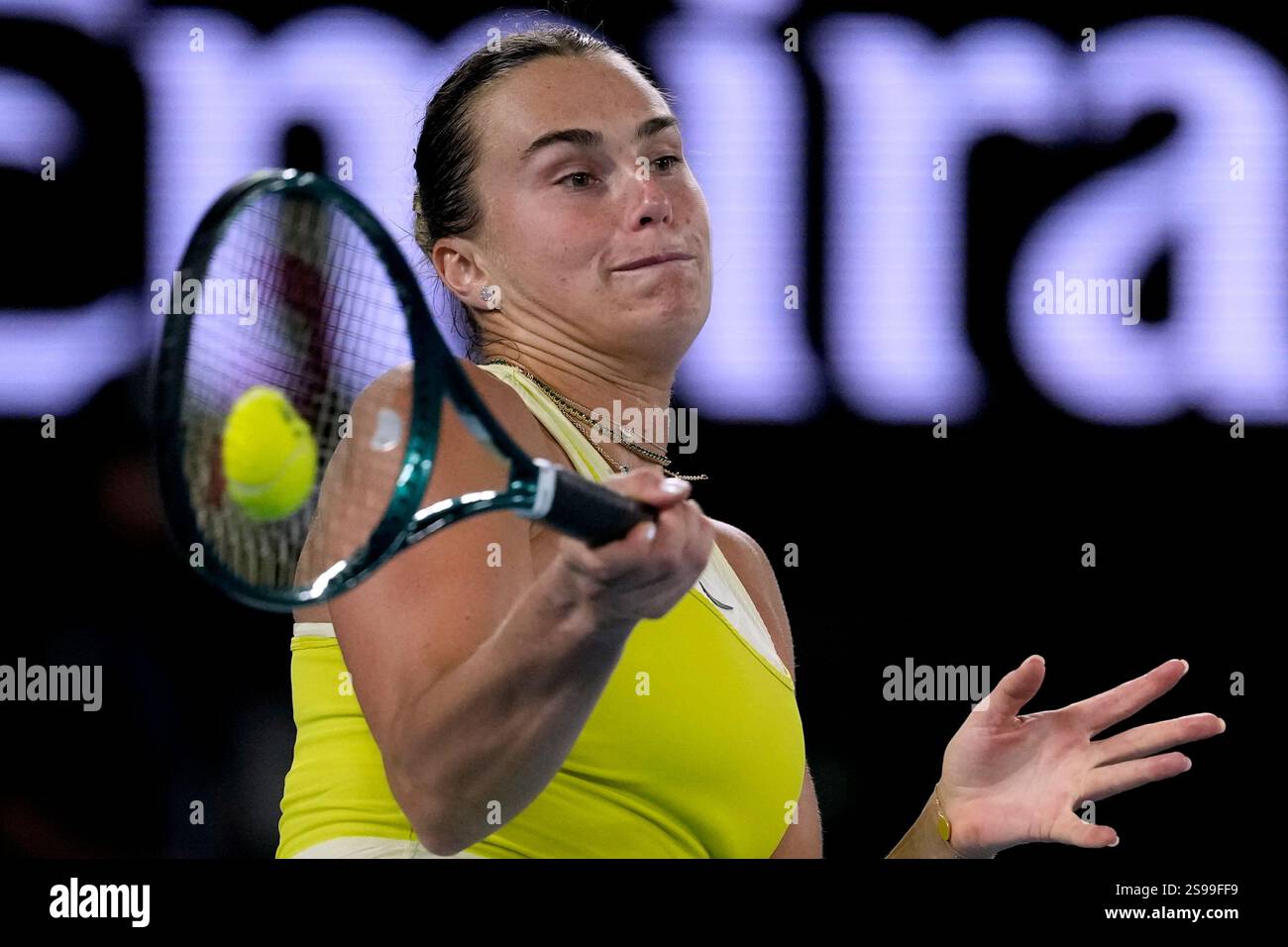 Aryna Sabalenka of Belarus plays a forehand return Madison Keys of the ...