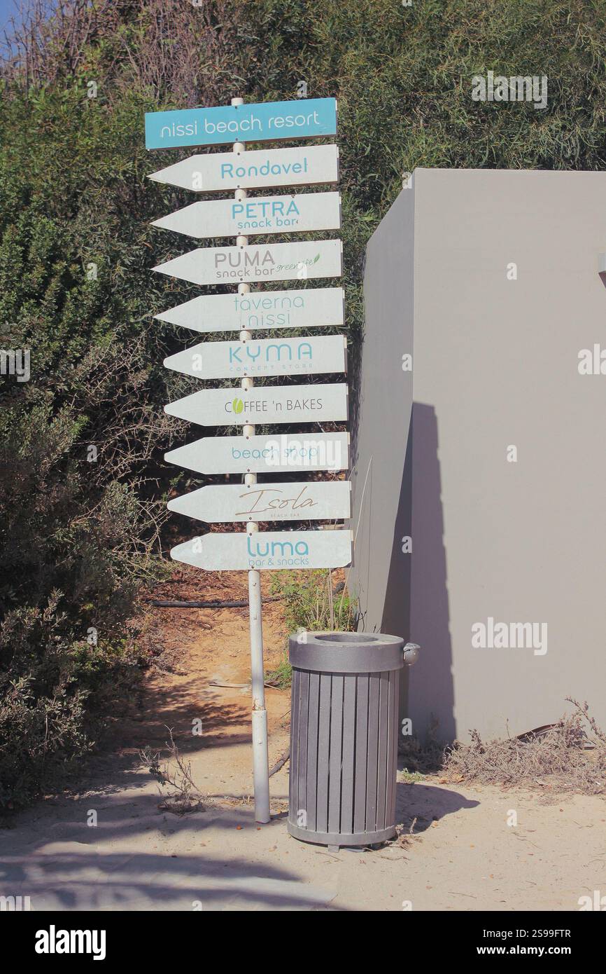 Ayia Napa, Cyprus. January 25, 2025. Guide post with hotel names on ...