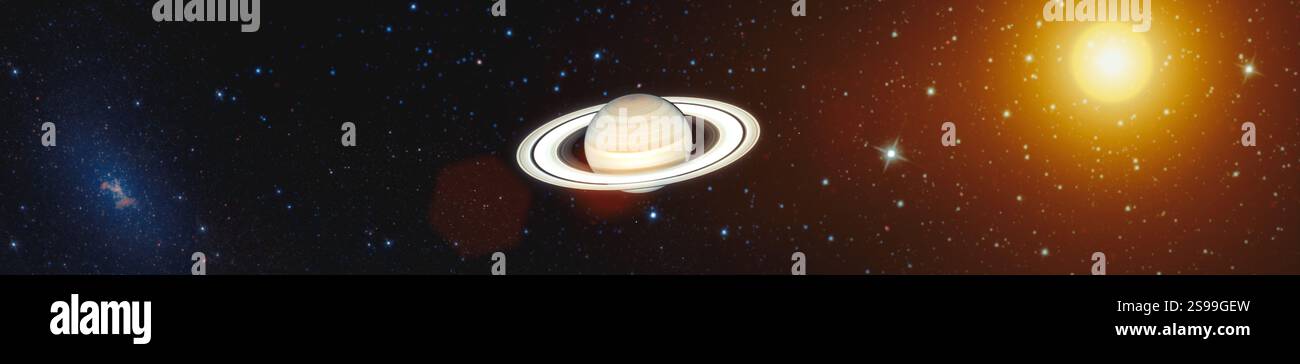 specific view of Saturn with its iconic lenses illuminated under the ...