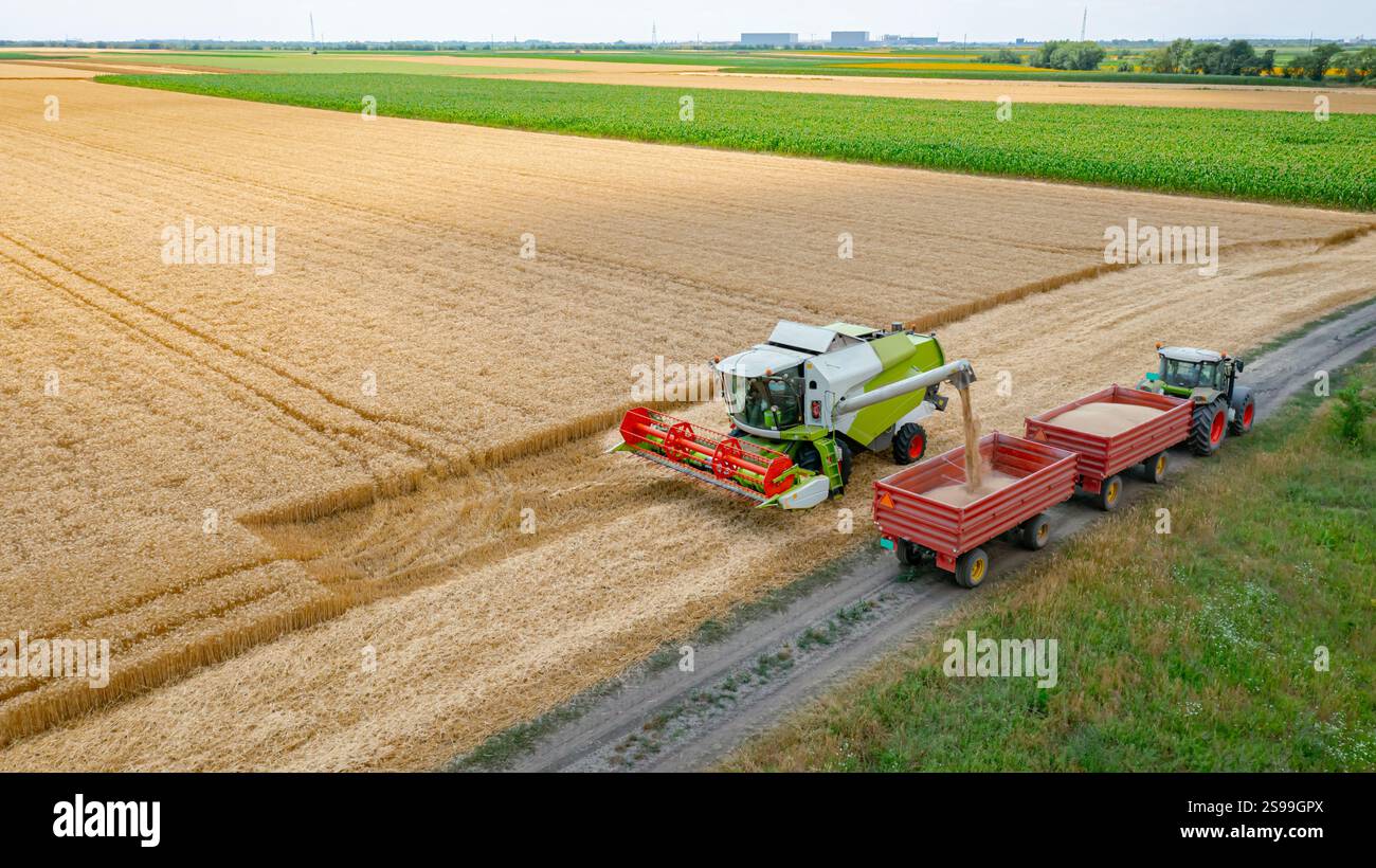 Above top view agricultural harvester, combine until unloading ...