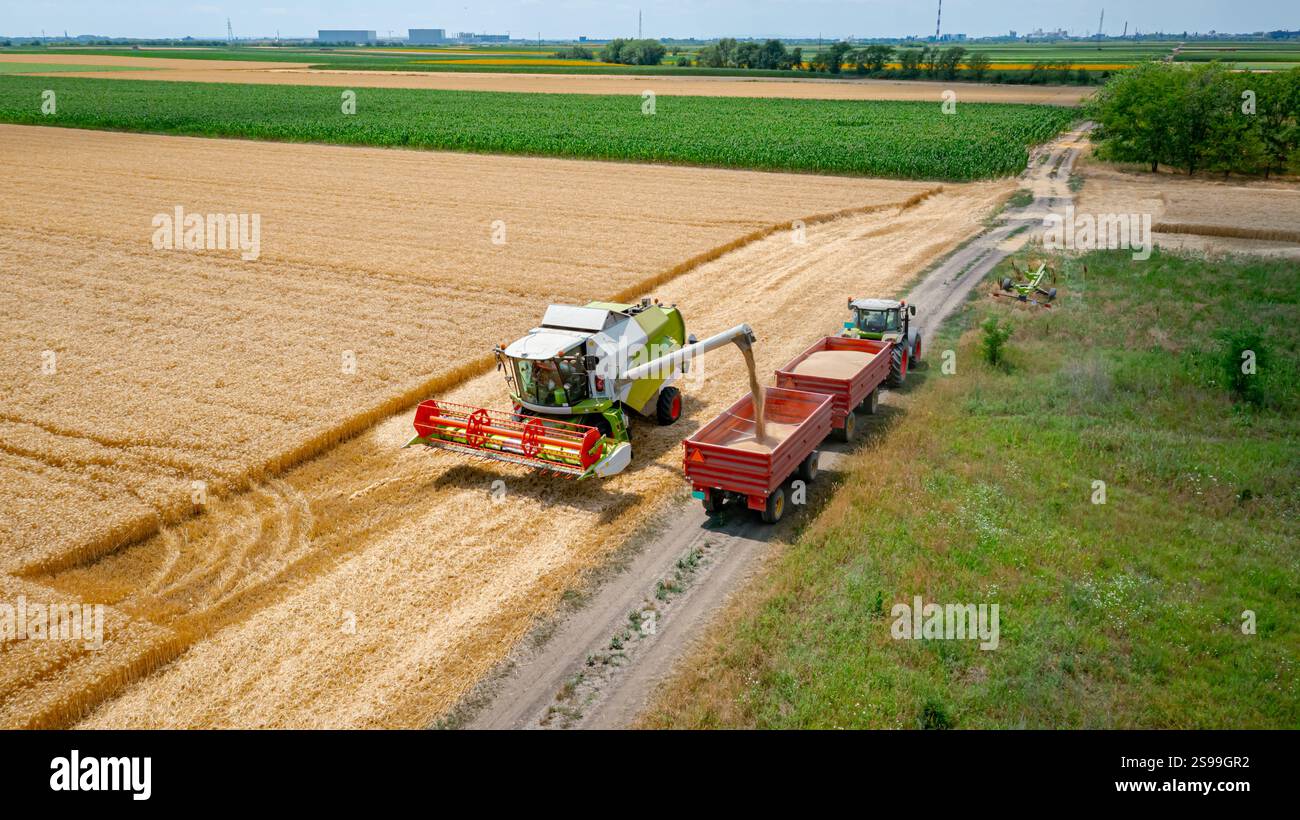 Above top view agricultural harvester, combine until unloading ...