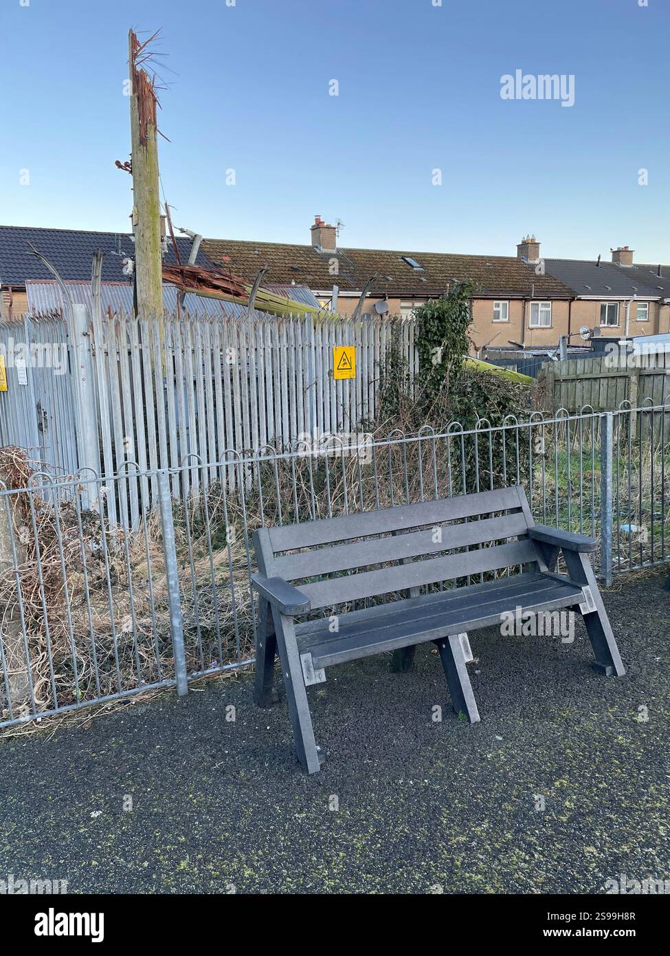 A broken telegraph pole in Culcavy in Co Down after Storm Eowyn left ...
