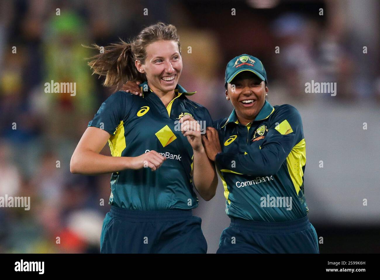Darcie Brown of Australia celebrates a wicket with team mate Alana King ...